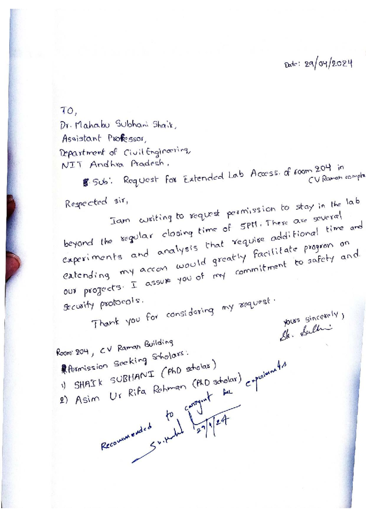 Extended lab excess permission letter - Date: TO, Dr. Mahabu Subhani ...