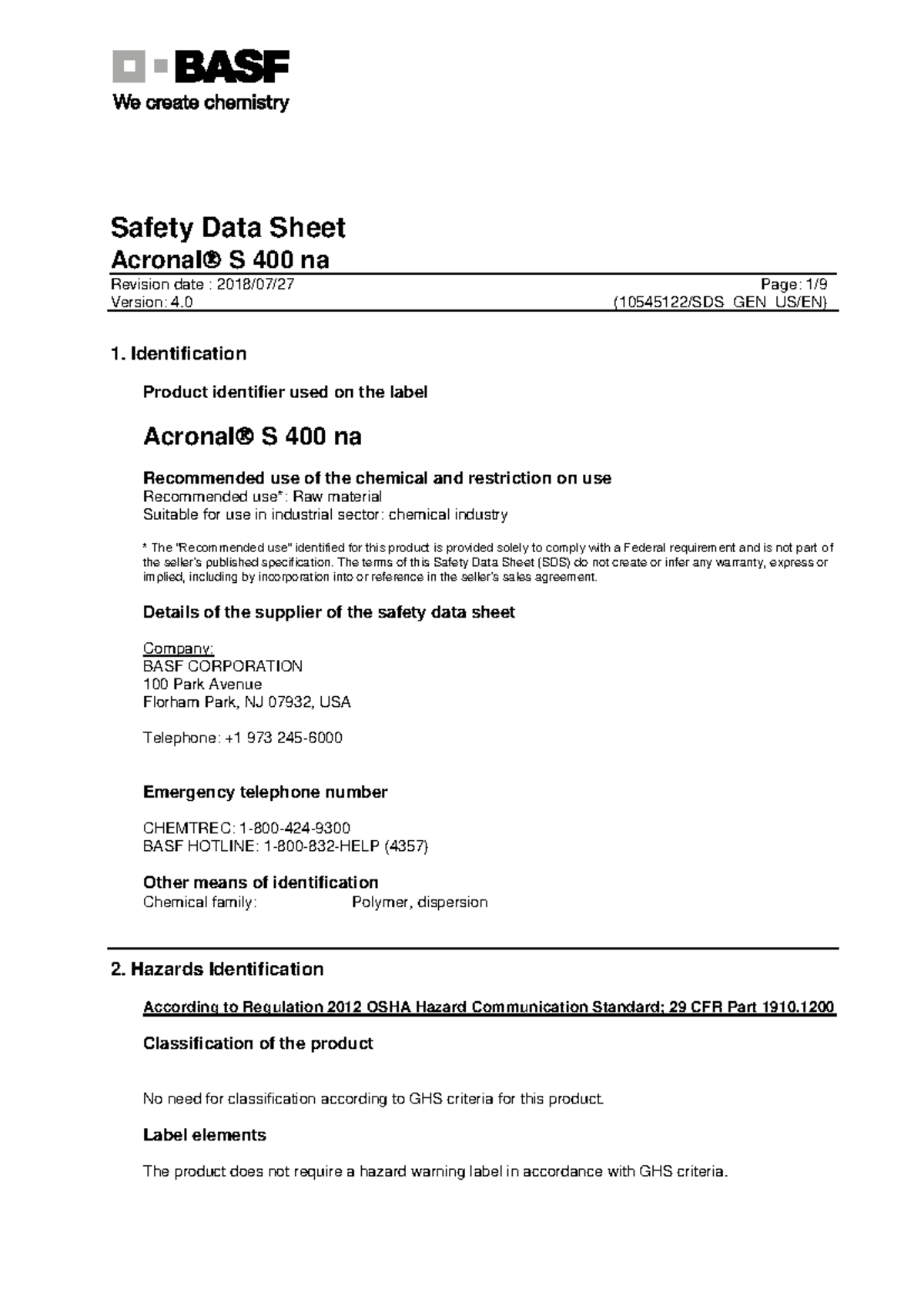 Acronal S 400 SDS - Safety Data Sheet for Styrene Acrylic Polymer - Studocu