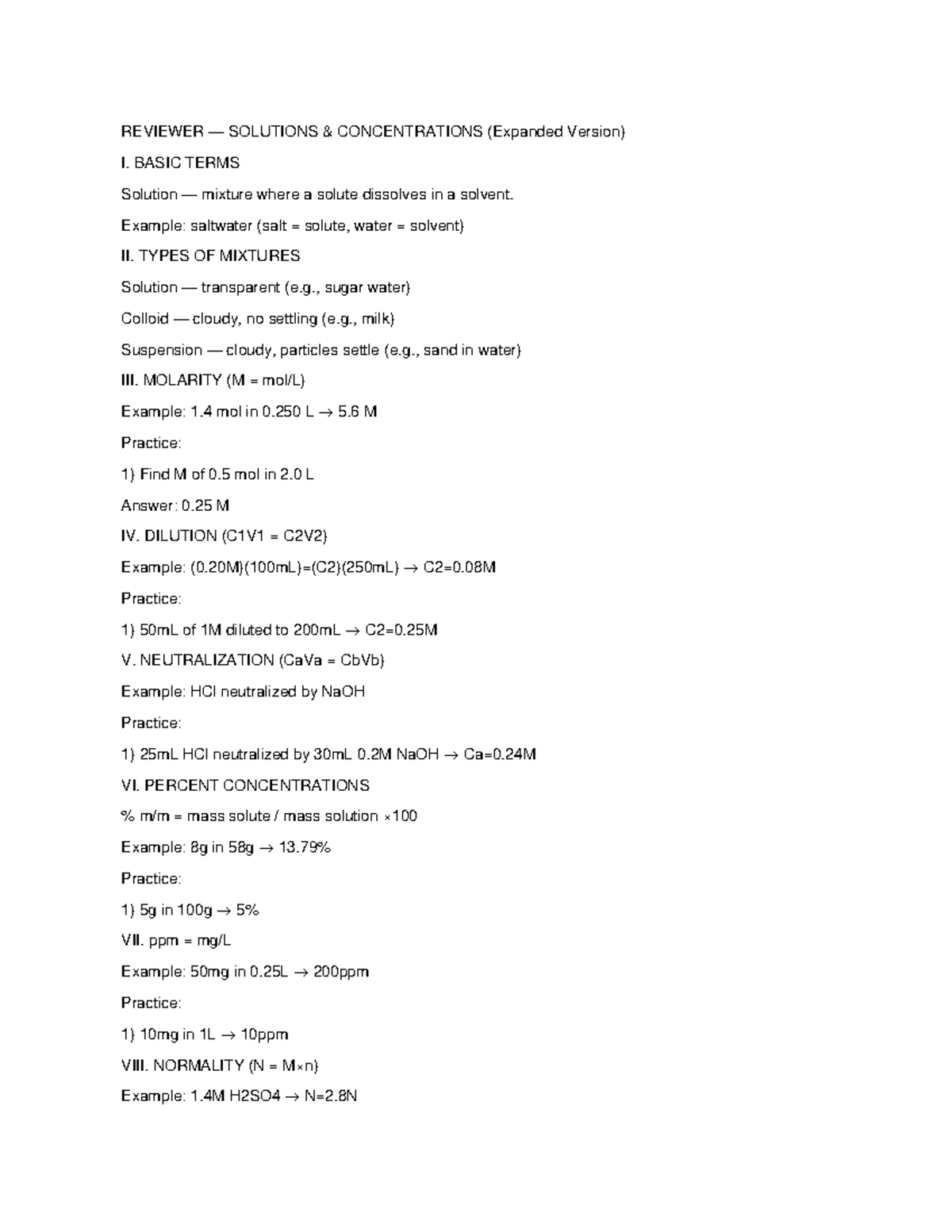 CHEM 101: Solutions Reviewer - Concentrations & Mixtures - Studocu