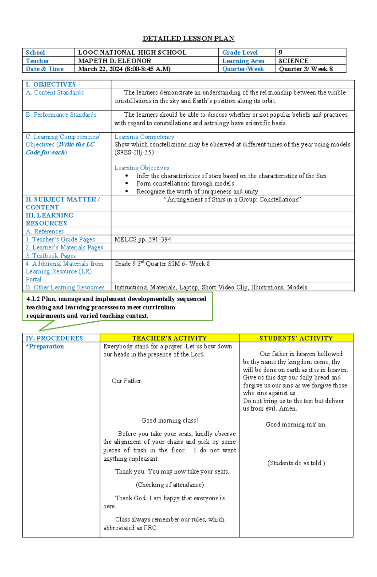 Constellation lesson plan 042757 - DETAILED LESSON PLAN School LOOC ...