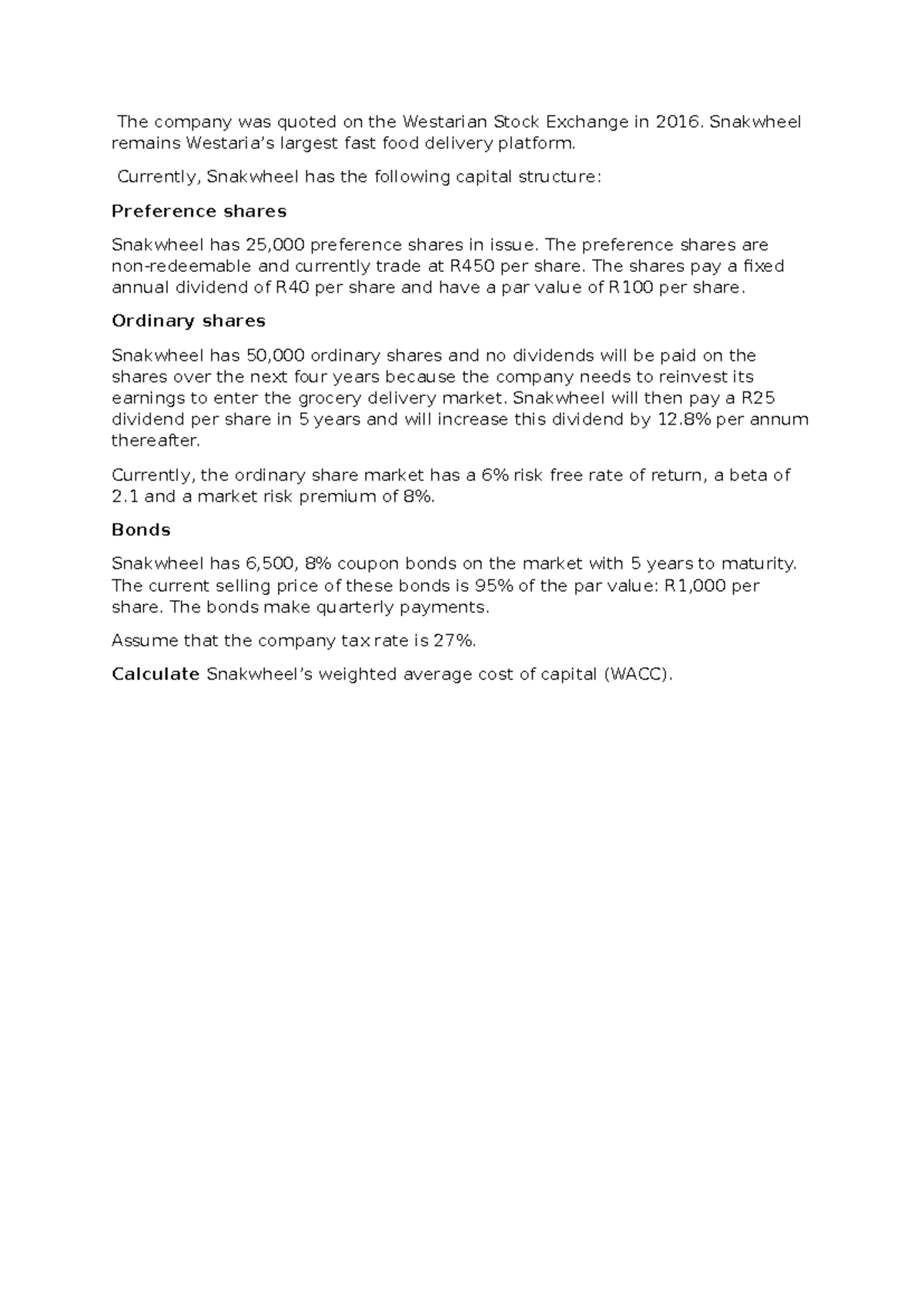 Snakwheel A4 - WACC Calculation & Capital Structure Analysis - Studocu