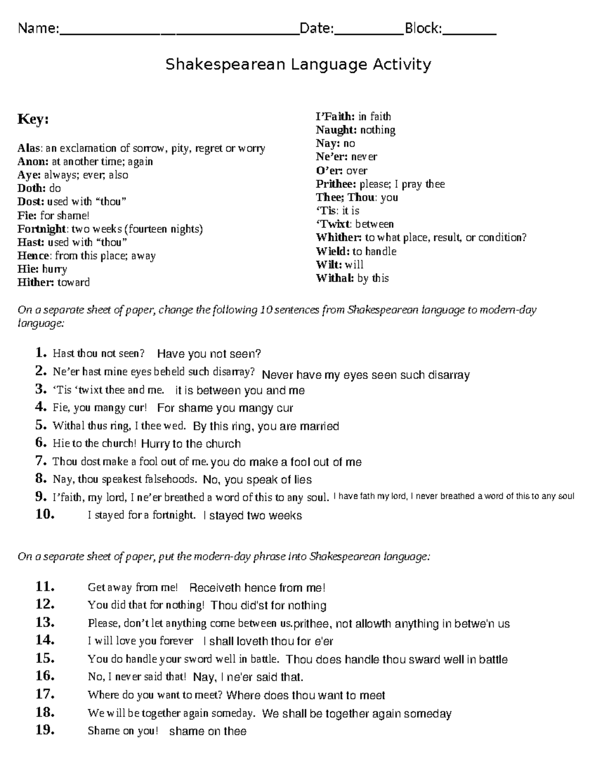 Shakespearean Language Activity Key and Sentence Transformations - Studocu