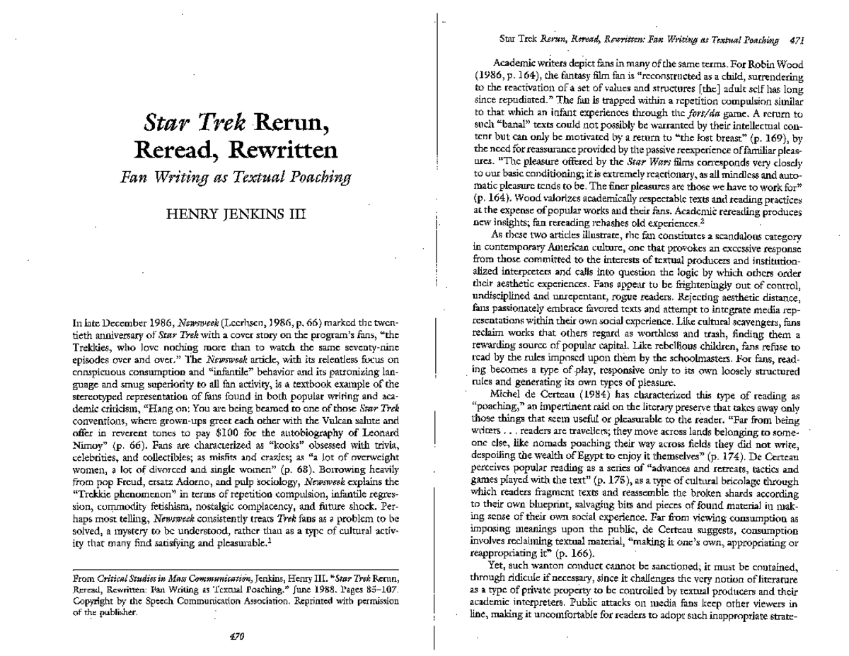 Star Trek Rerun, Reread, Rewritten: Analyzing Fan Writing as Textual ...