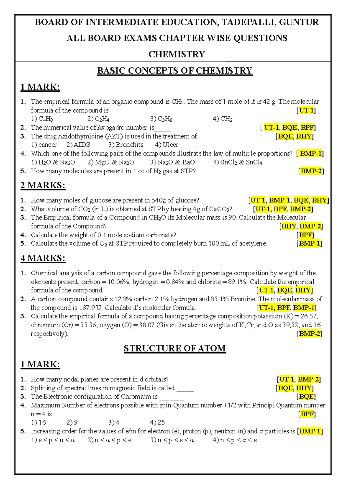 BIE AP Chemistry Chapter-Wise Questions: Key Concepts & Problems - Studocu