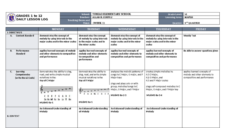 DLL MAPEH 6 Q2 Week 1: Understanding Melody and Scales - Studocu