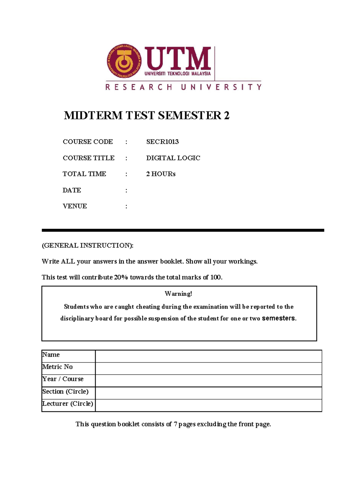 Midterm Test SECR1013: Digital Logic Exam Questions & Instructions ...