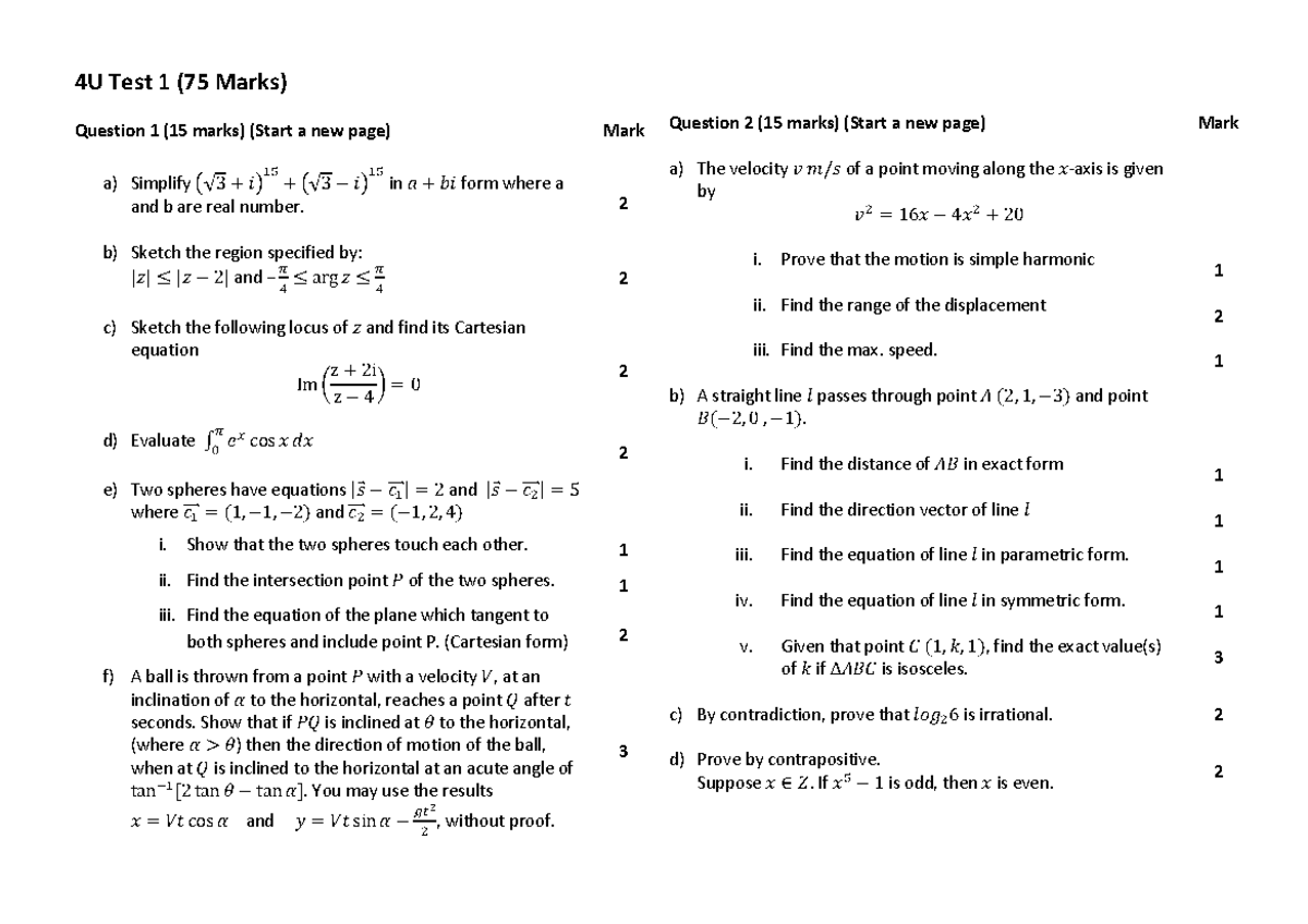 4U Trial Test 1 - MATH (75 Marks) Questions and Solutions - Studocu