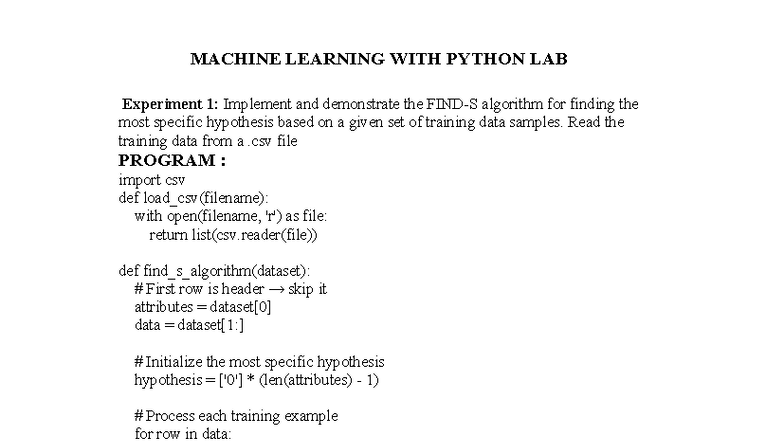 MCA ML LAB - Comprehensive Experiment Notes on Algorithms - Studocu