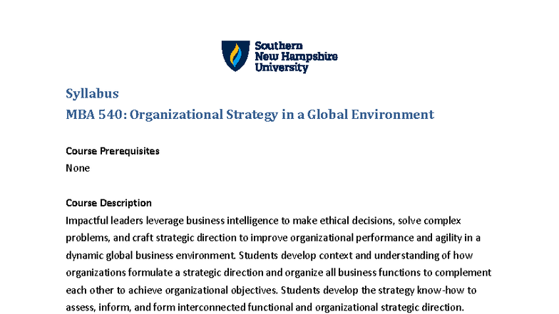 MBA 540: Syllabus for Organizational Strategy in a Global Context - Studocu