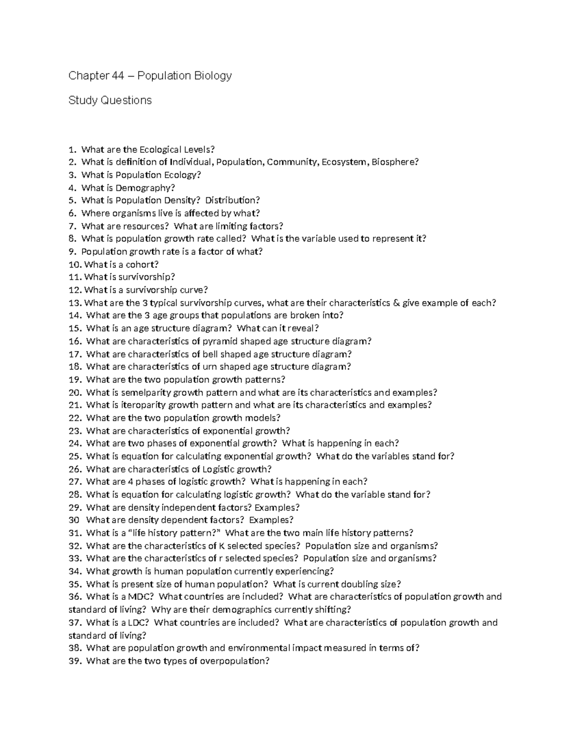 Chapter 44 - Population Biology Study Questions & Answers - Studocu