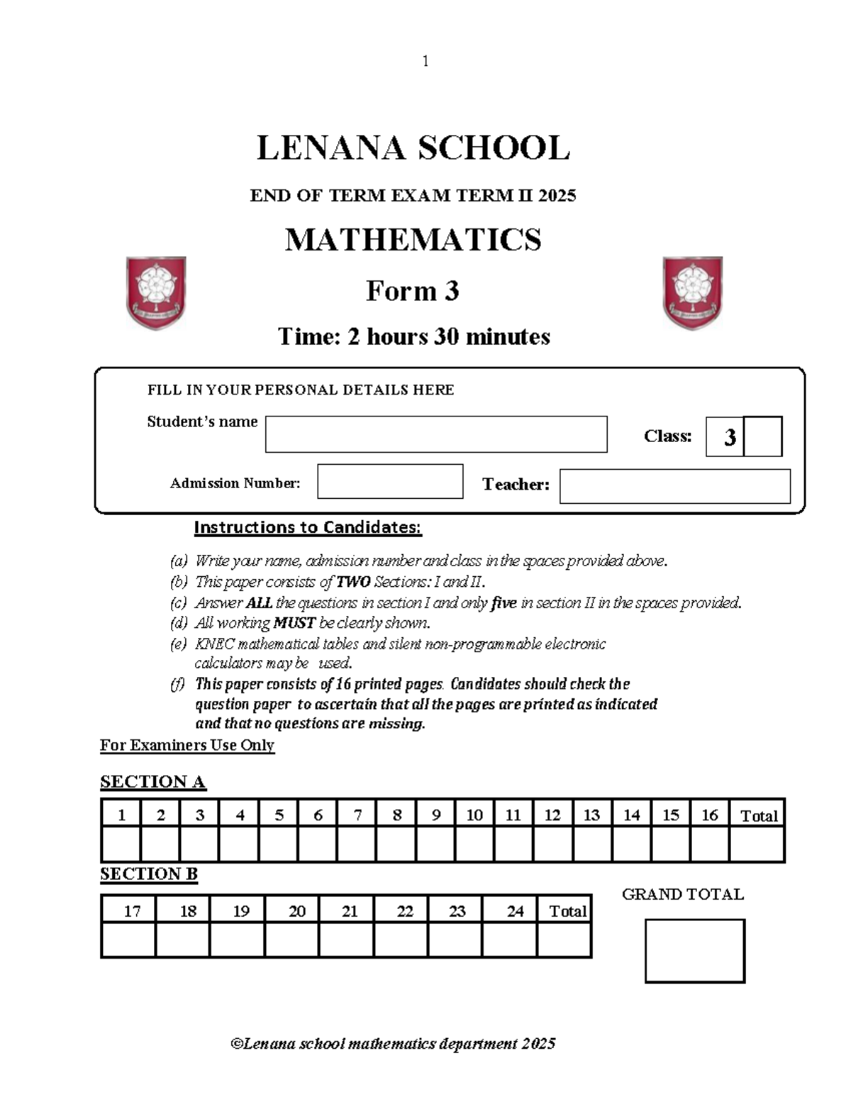 1 LENANA SCHOOL TERM II 2025 MATHEMATICS END OF TERM EXAM Form 3 - Studocu