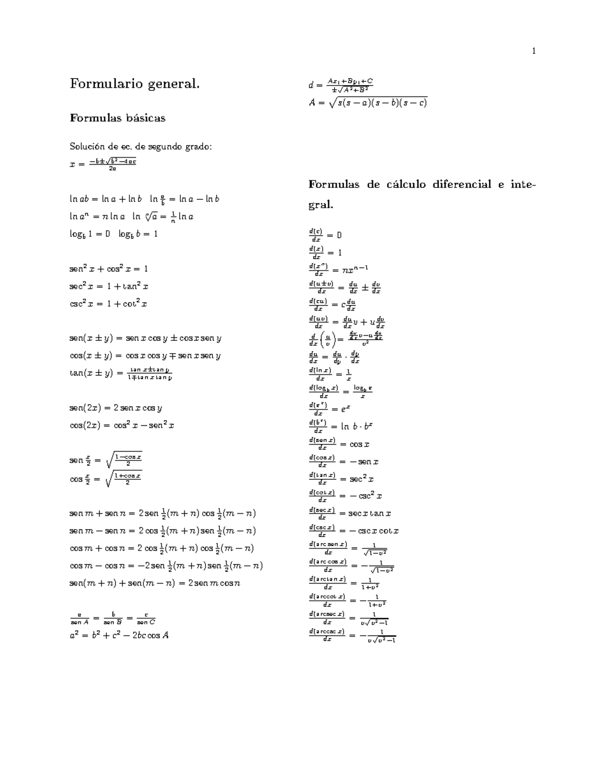 Formulario General de Matemáticas para U: Fórmulas Básicas y Cálculo ...
