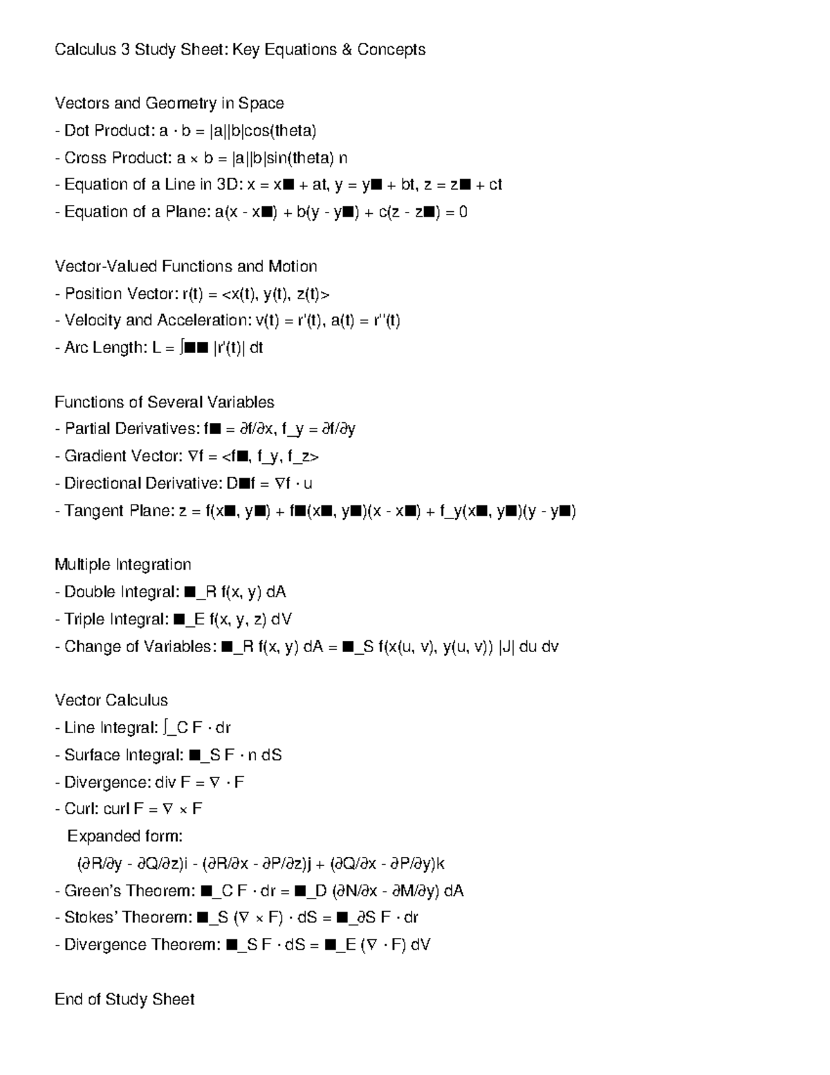Calculus 3 Final Exam Study Sheet: Key Concepts & Equations - Studocu