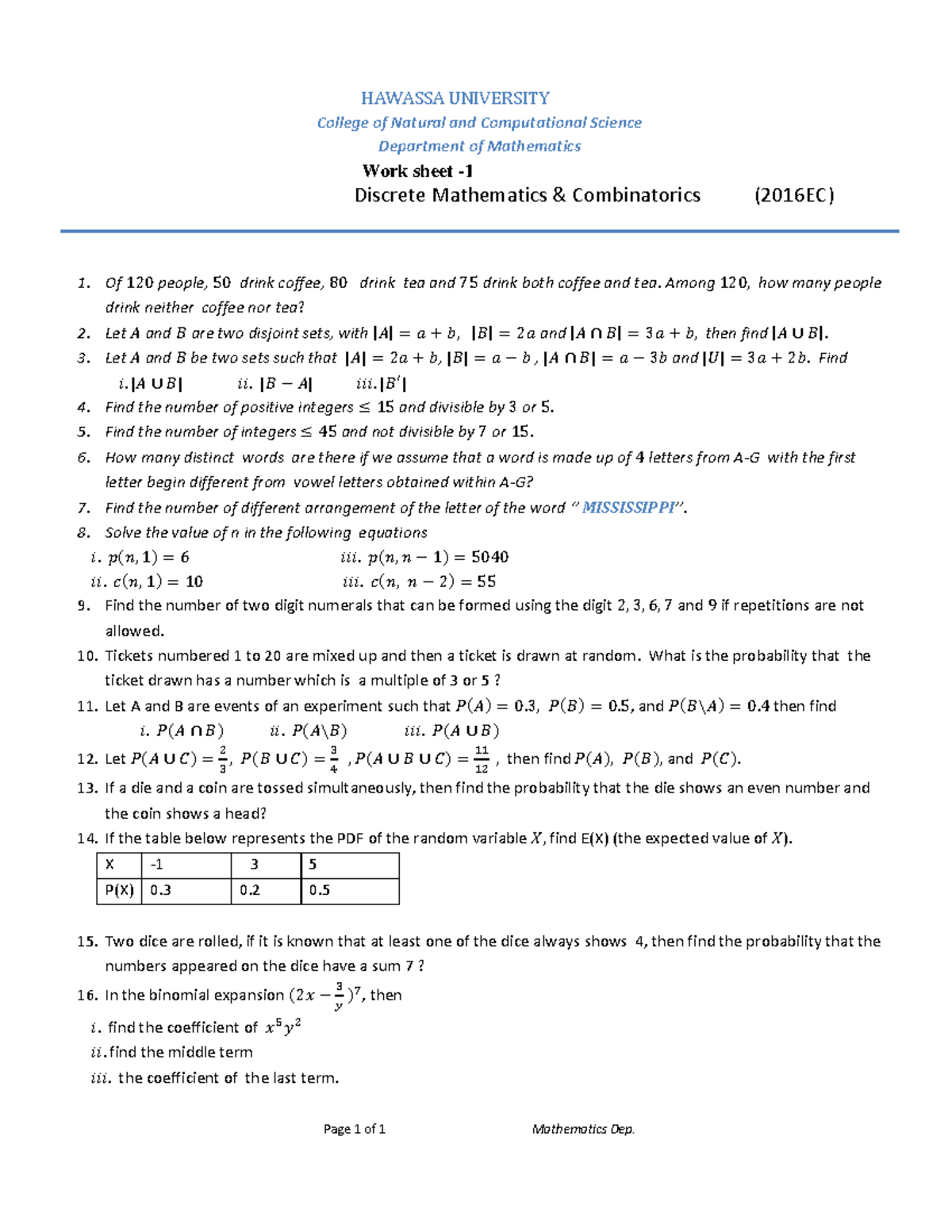 Discrete Mathematics & Combinatorics Worksheet (2016EC) - Studocu