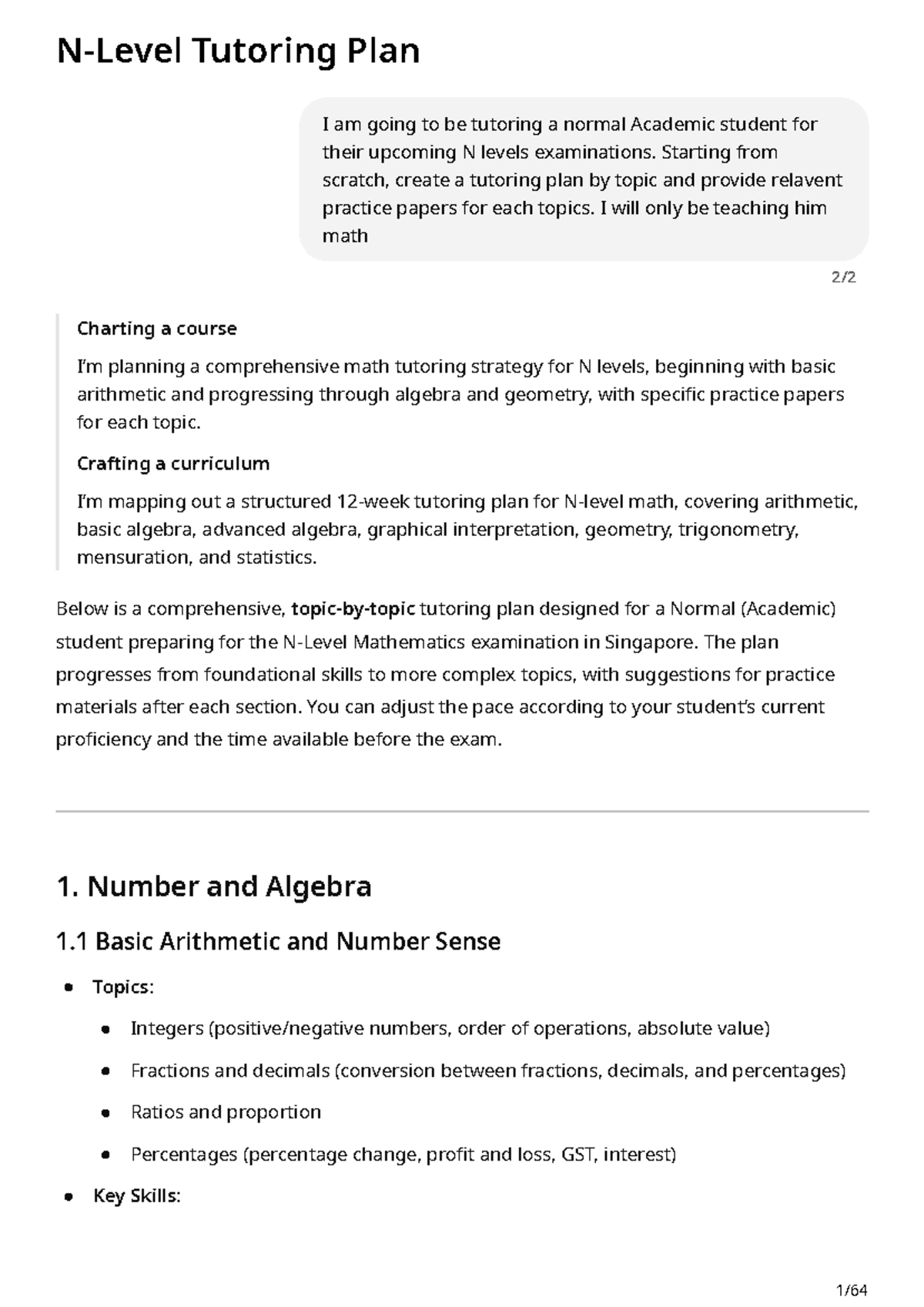 N-Level math tutoring plan for normal academic students - Studocu