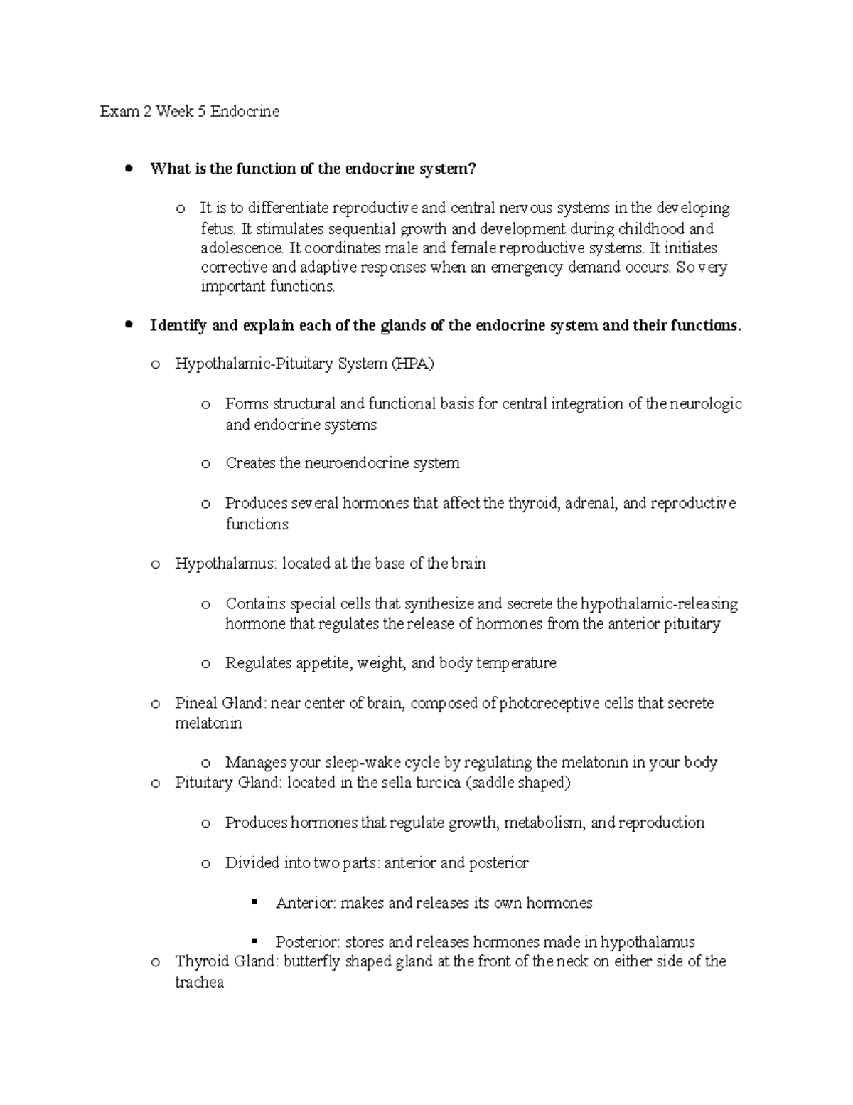 Endocrinology Exam 2 Week 5 Key Points & Gland Functions Summary - Studocu