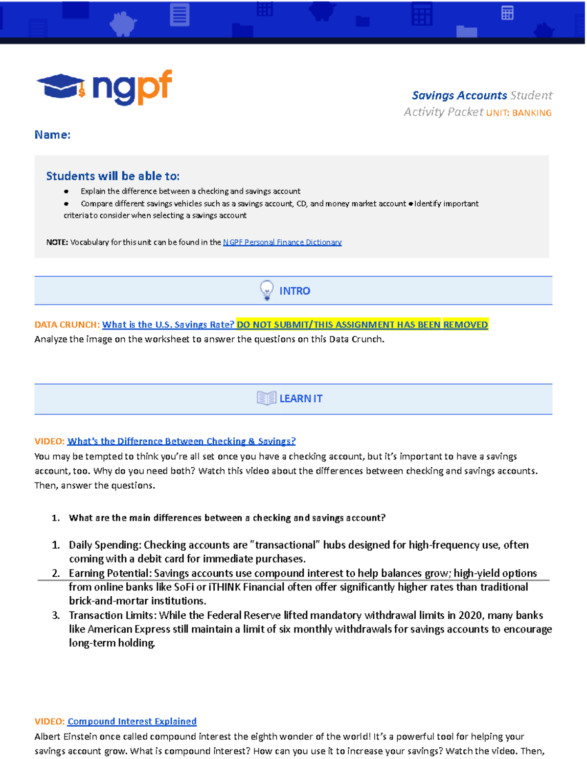 Savings Accounts Student Activity Packet - Unit: Banking - Studocu