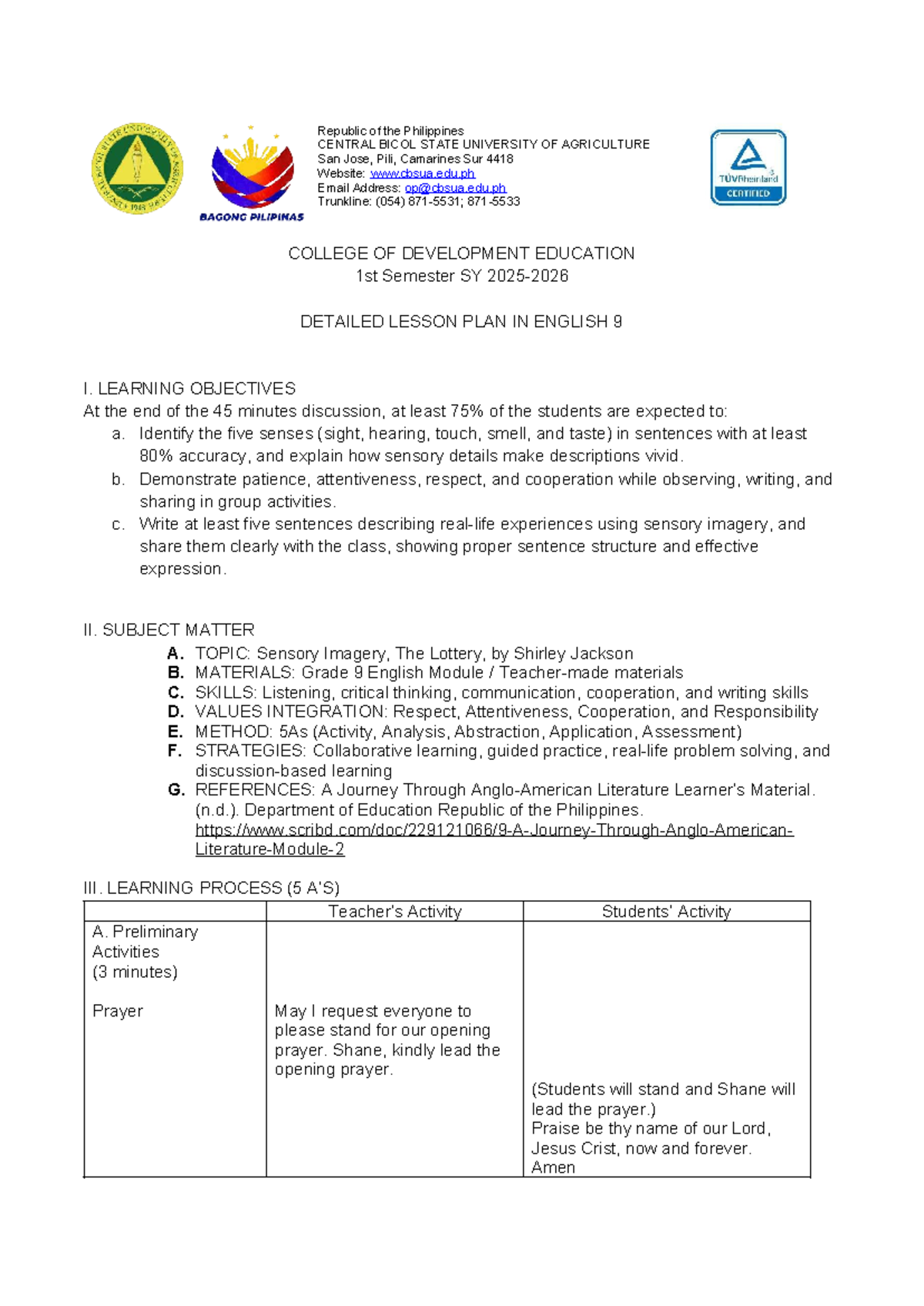 Detailed Lesson Plan in English 9: Sensory Imagery Techniques - Studocu
