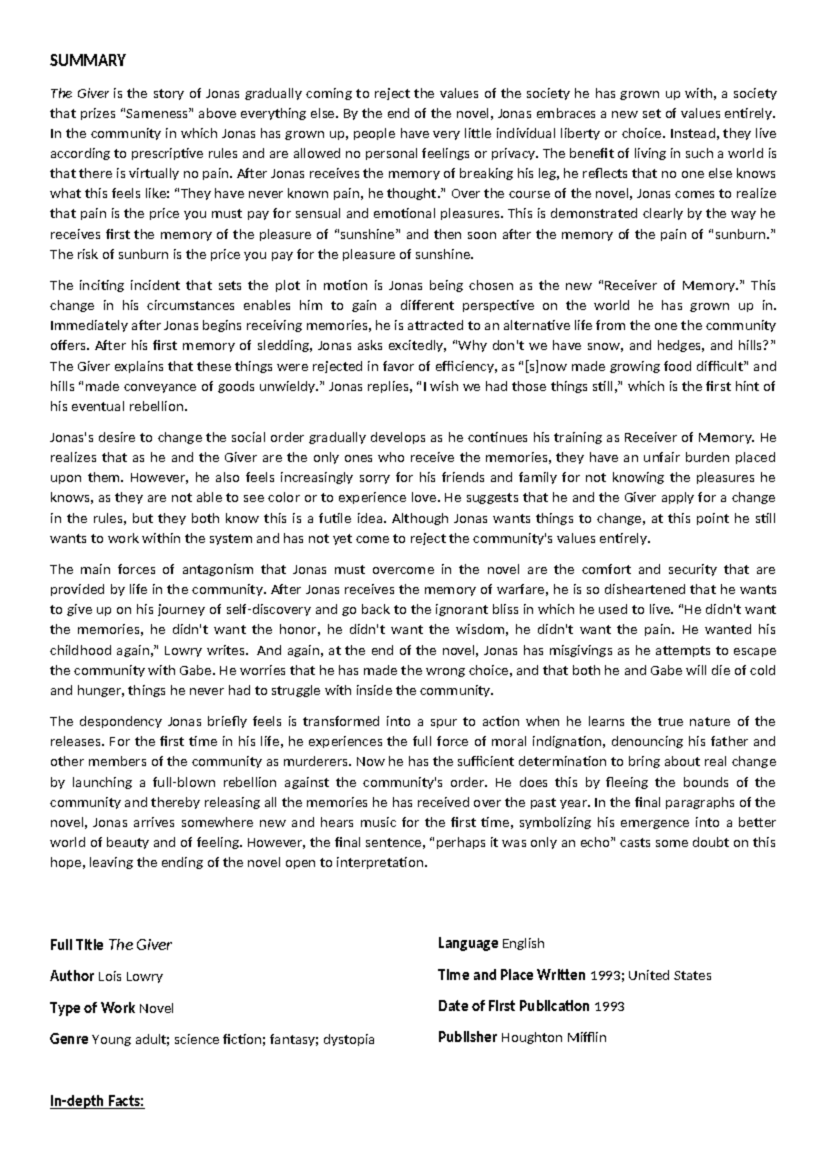 THE Giver, A Novel - ASSIGNMENTS - SUMMARY The Giver is the story of ...