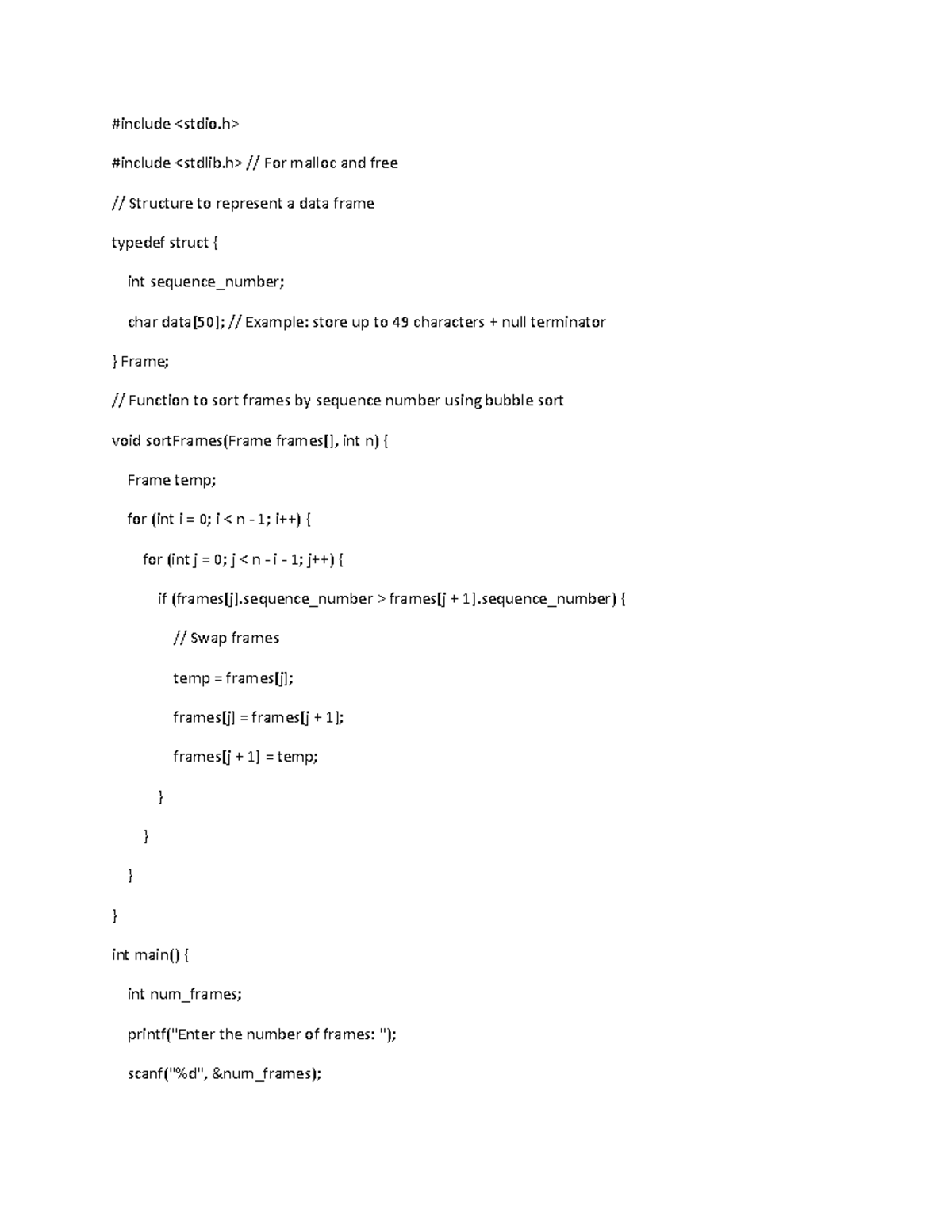 Frame Sorting with Malloc and Free: C Example Code - Studocu
