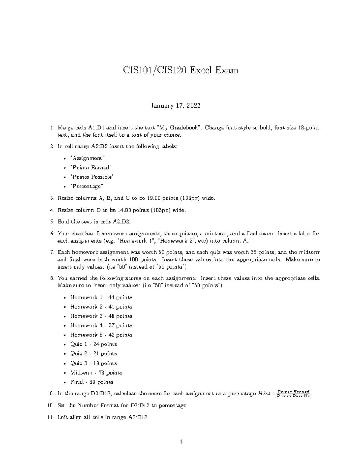 CIS101-120 Excel Exam Instructions and Formatting Guide - Studocu