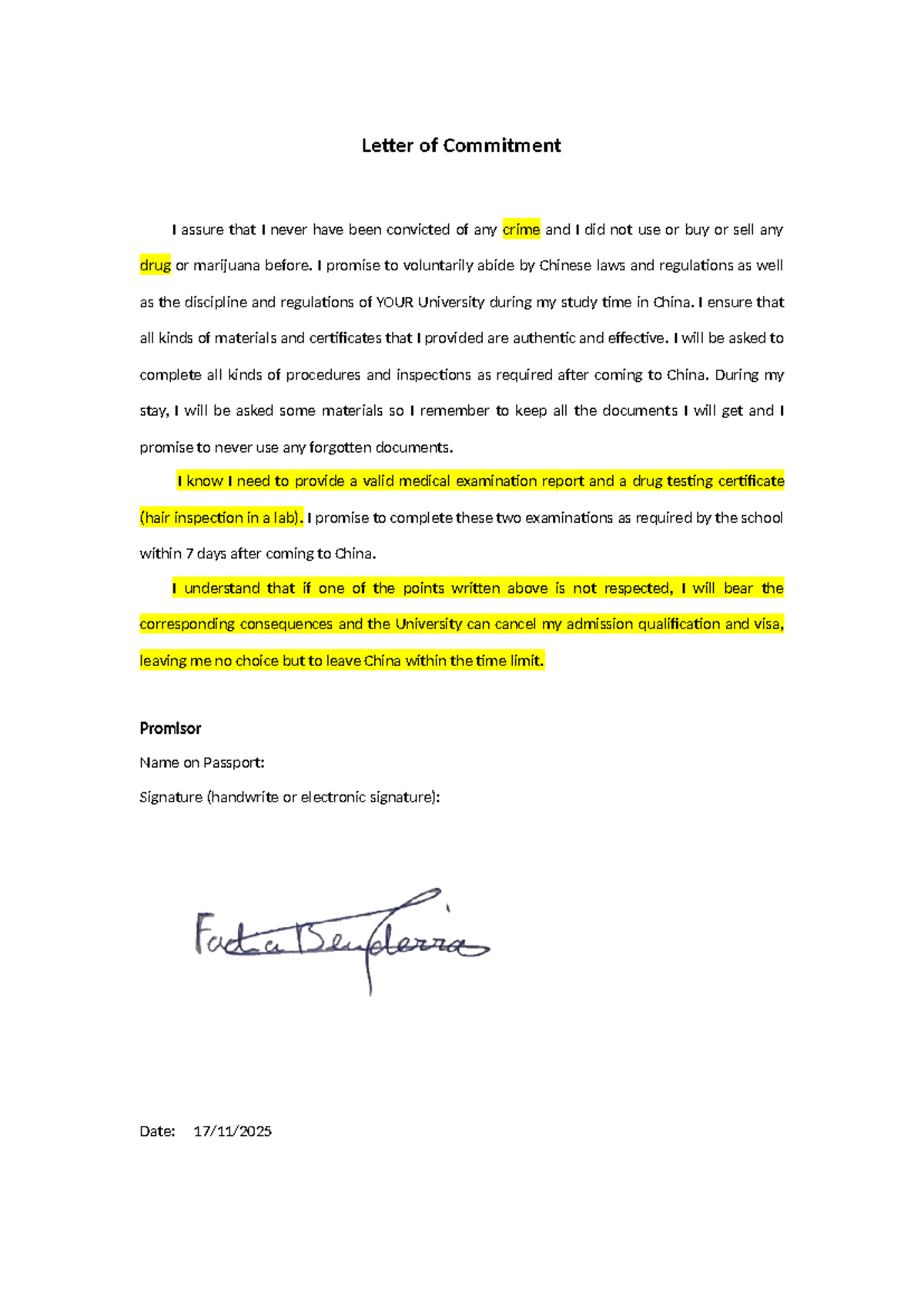 8. Letter of Commitment: No Crime & Anti-Drug Assurance - Studocu