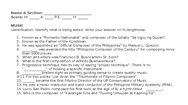 G10 Quiz: Music and Arts Identification Questions - Studocu