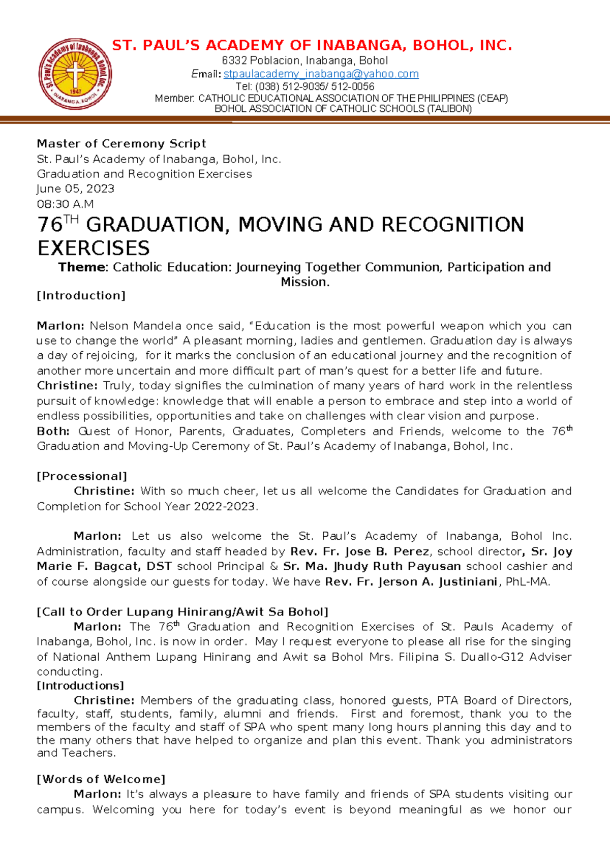 MC Script for 76th Graduation & Recognition Exercises - St. Academy of Inabanga, - Studocu
