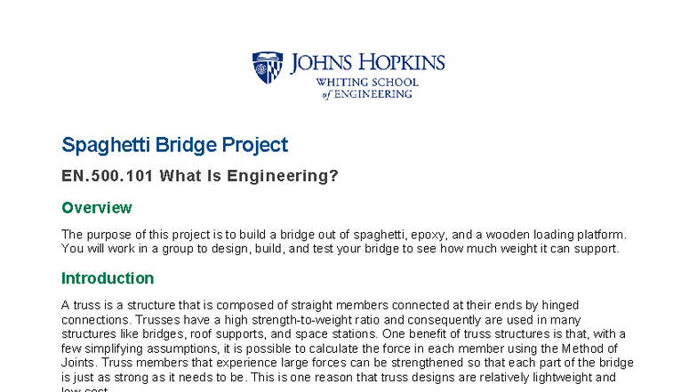 Spaghetti Bridge Project EN.500.101: Design & Testing Overview - Studocu