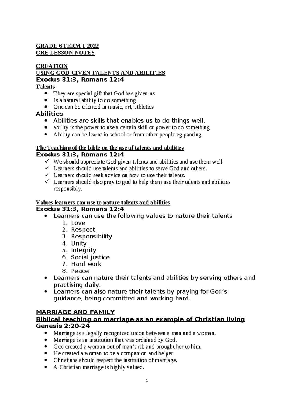 Grade 6 CRE Term 1 2022 Lesson Notes on Talents and Christian Living ...