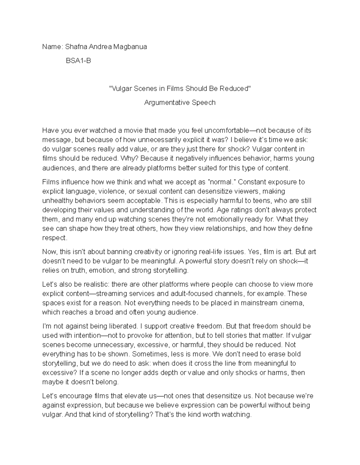 ENG 101: Argumentative Speech on Reducing Vulgarity in Films - Studocu