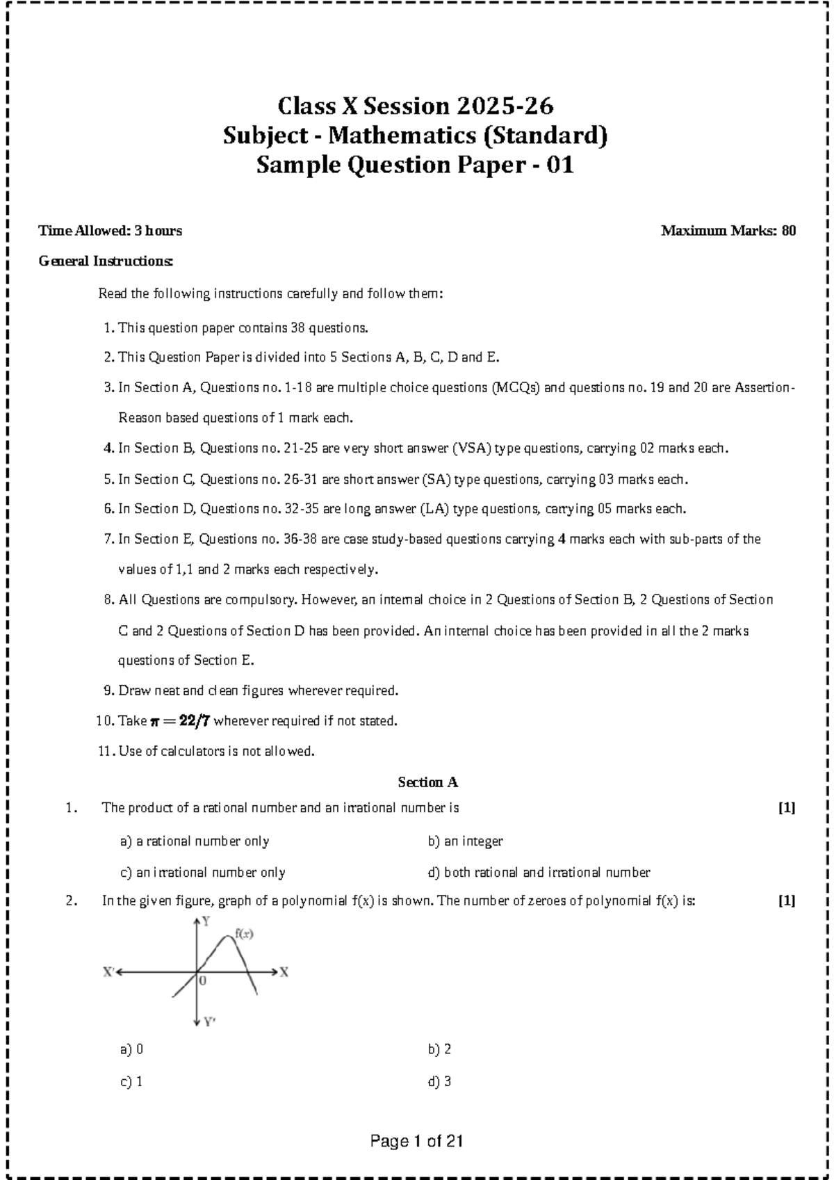 Mathematics Class X Sample Question Paper 01 - Practice for Success ...