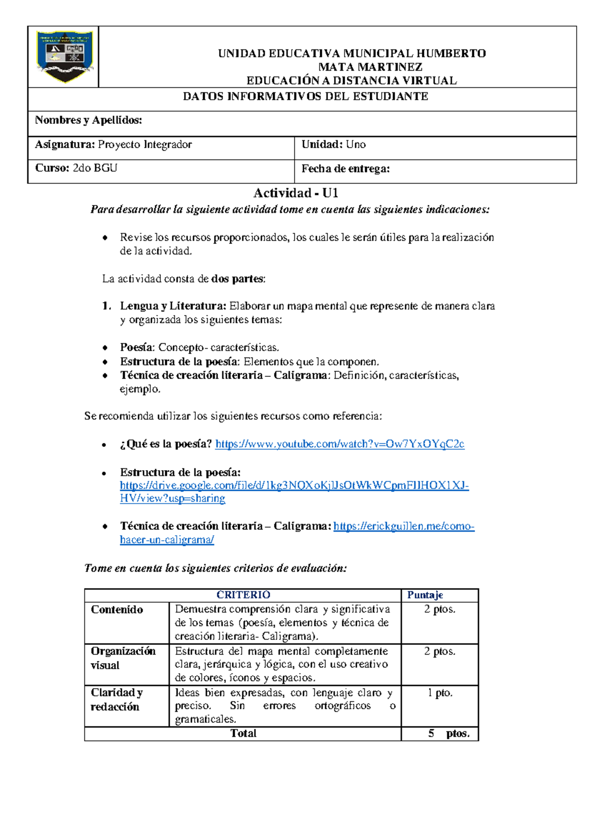 Actividad 1: Proyecto Integrador U1 - 2do BGU - Studocu