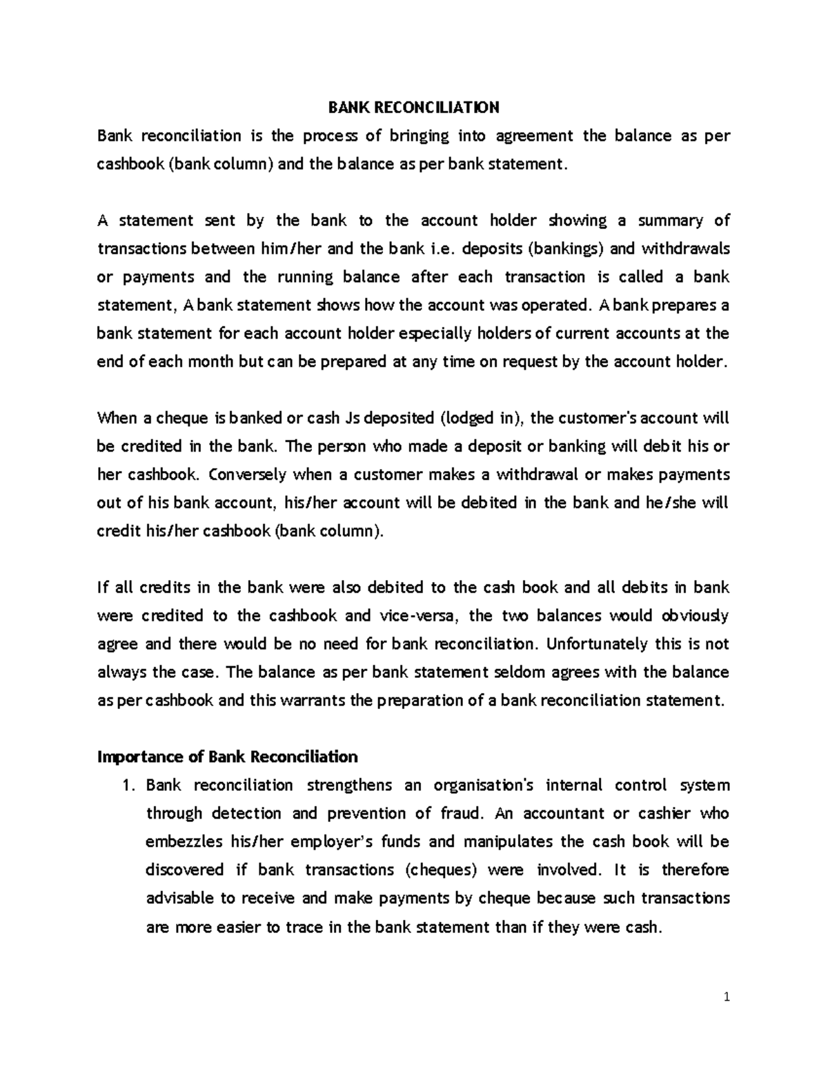 Bank Reconciliation - Lecture Notes for ACC101 Class - Studocu
