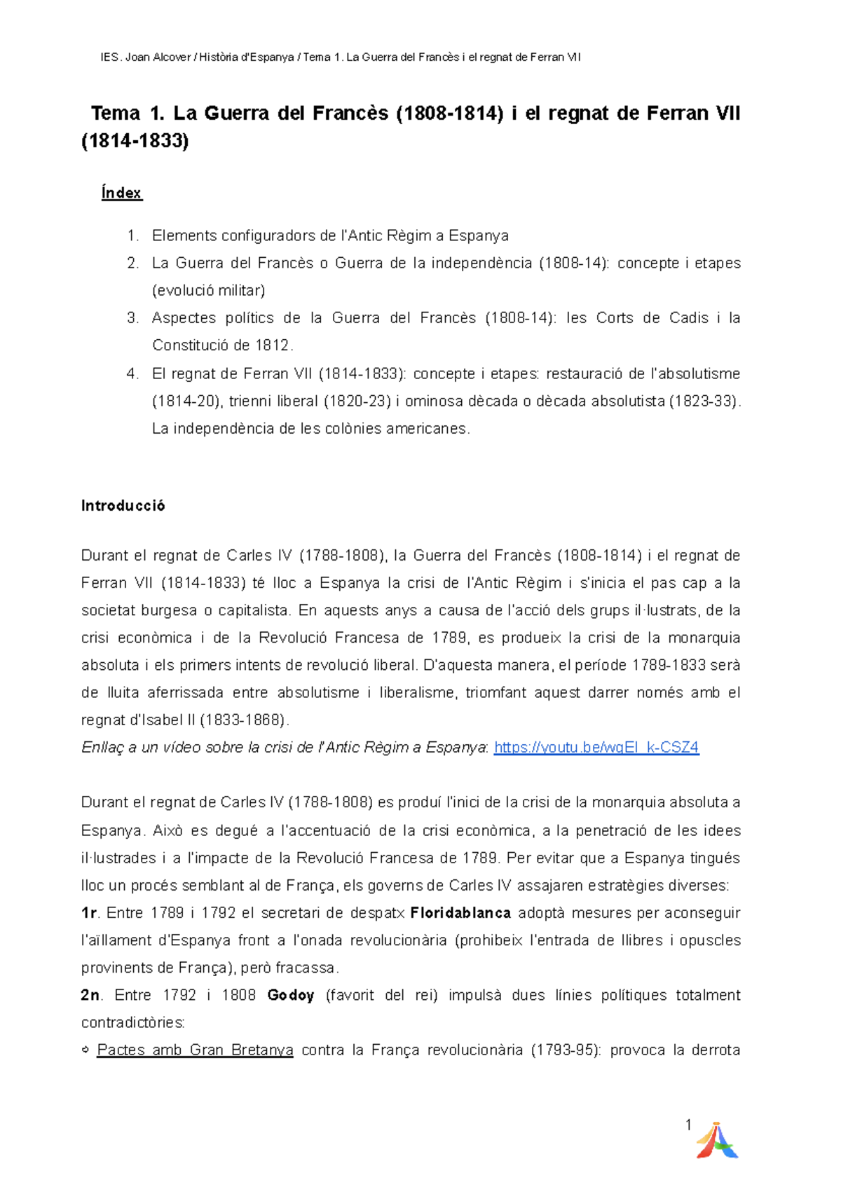 Tema 1: La Guerra del Francès i el Regnat de Ferran VII (1808-1833 ...