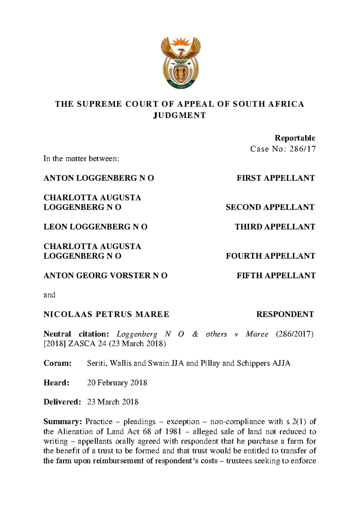 Loggenberg N O & Others v Maree (286/2017) - Judgment Summary - Studocu