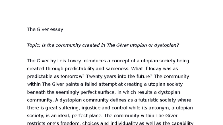 The Giver Essay: Utopian vs. Dystopian Society Analysis - Studocu