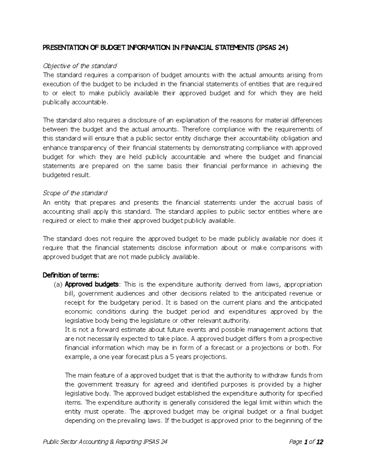IPSAS 24: Budget Info Presentation in Financial Statements Review - Studocu