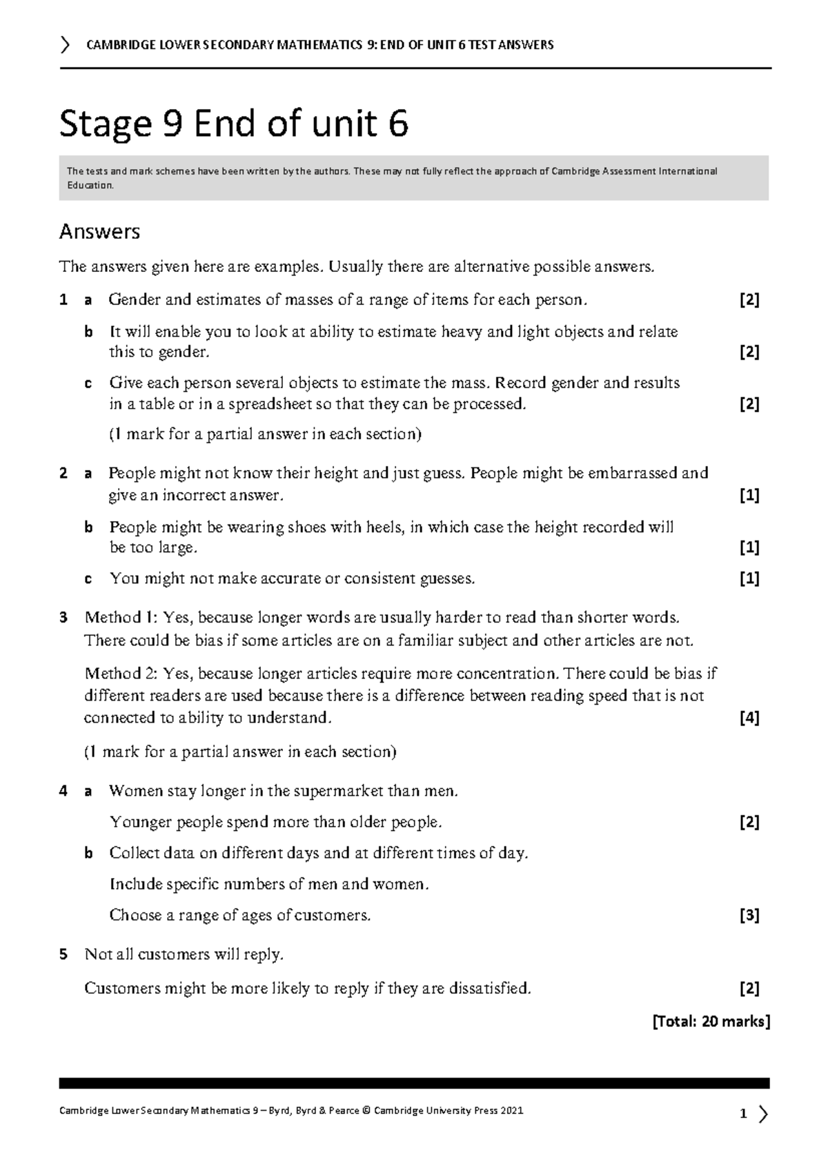 Unit 6 Cambridge Lower Secondary Math 9 End-of-Unit Test Answers - Studocu
