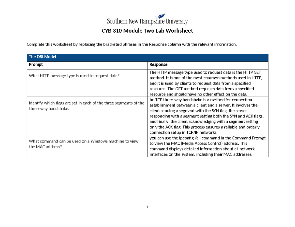 Cyb310 Module Two Lab Worksheet: OSI Model & Network Troubleshooting ...