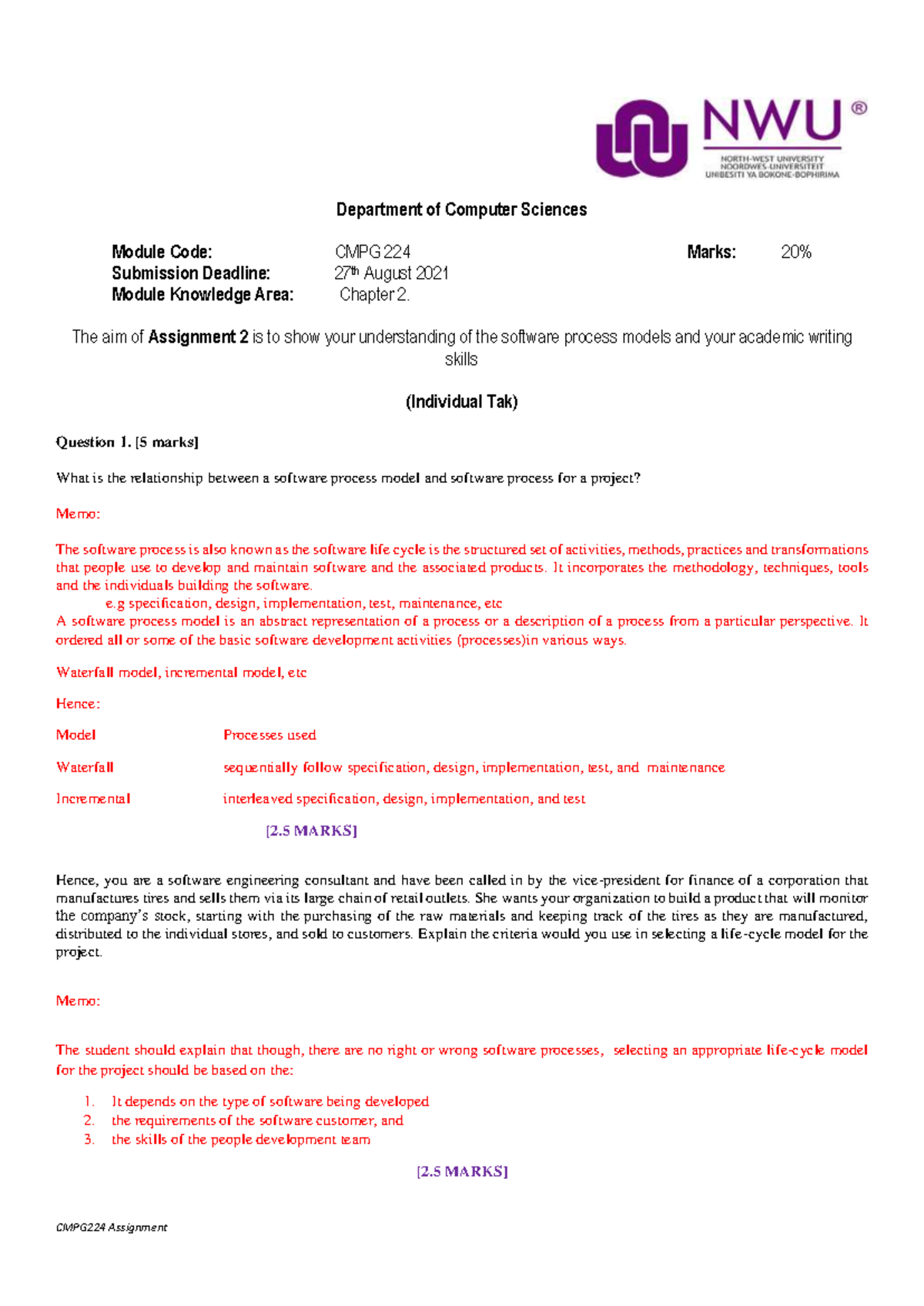 CMPG 224 - Assignment 2: Software Process Models Explained - Studocu