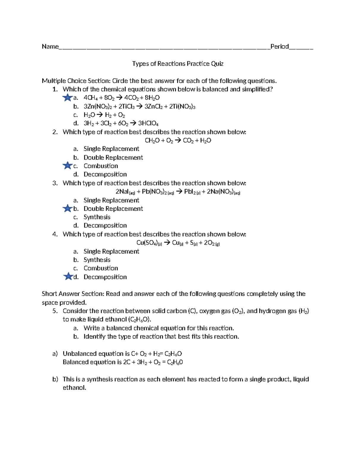Types of Reactions Practice Quiz (Chem 101) - Studocu