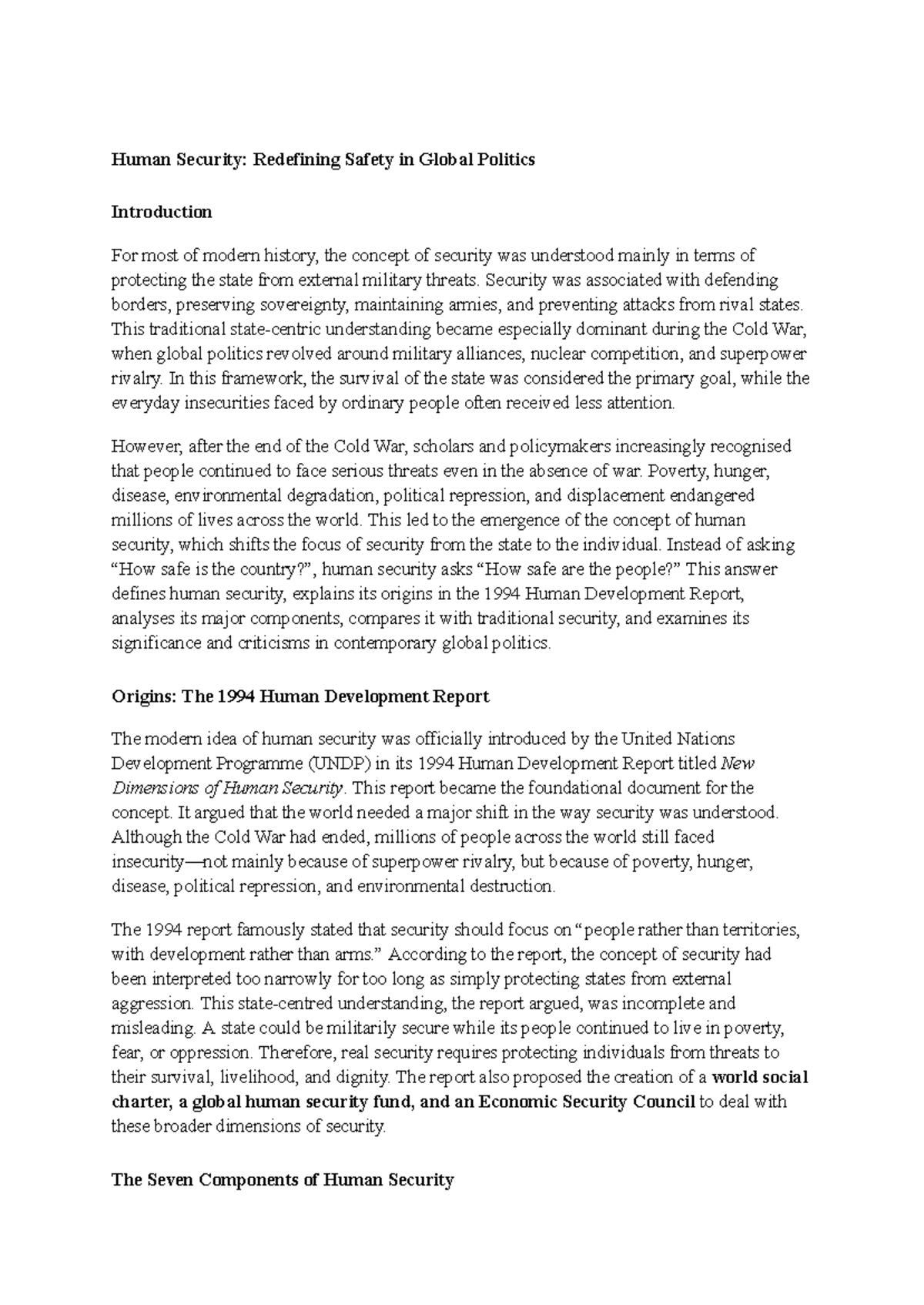 Human Security: Redefining Safety in Global Politics - Hqh - Studocu