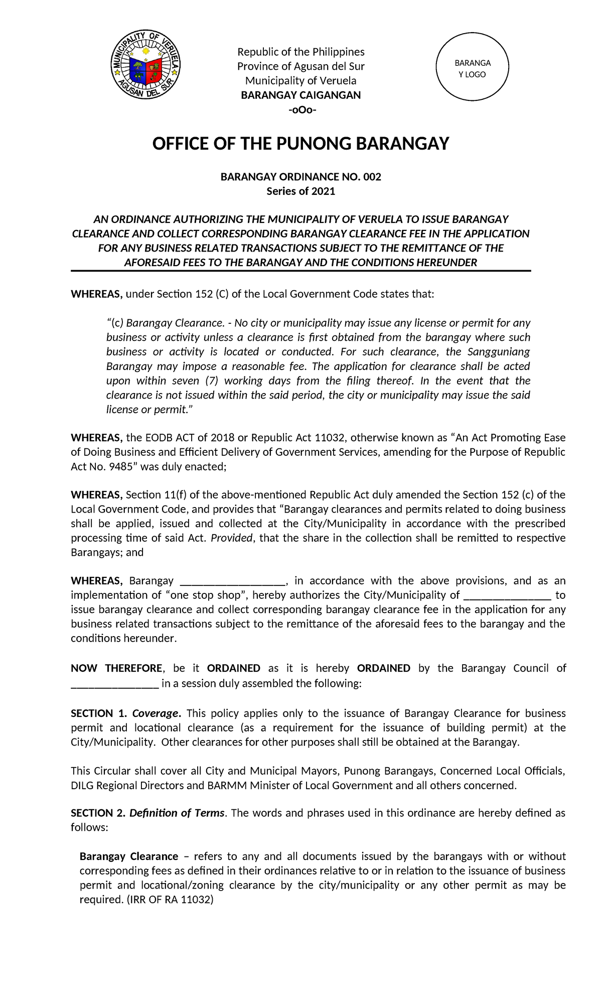 Template of Brgy Ordinance - Republic of the Philippines Province of ...