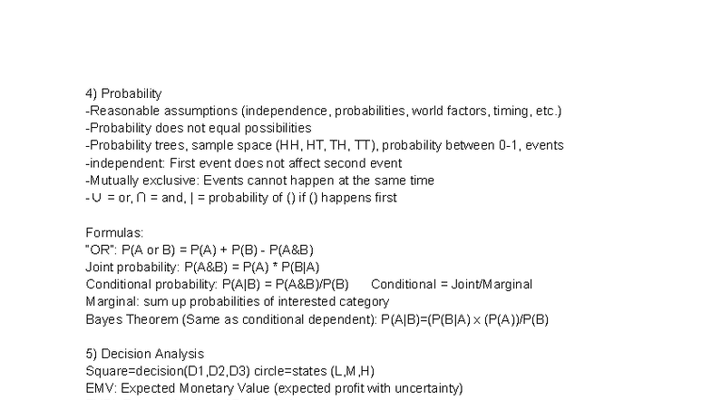 COMM 190 Cheat Sheet: Probability Assumptions & Decision Analysis - Studocu