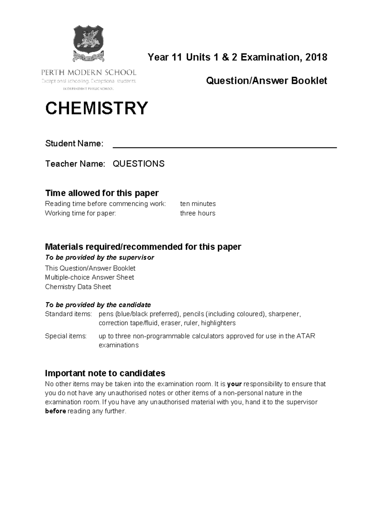 2018 Year 11 Chemistry Units 1 & 2 Exam Questions - Studocu