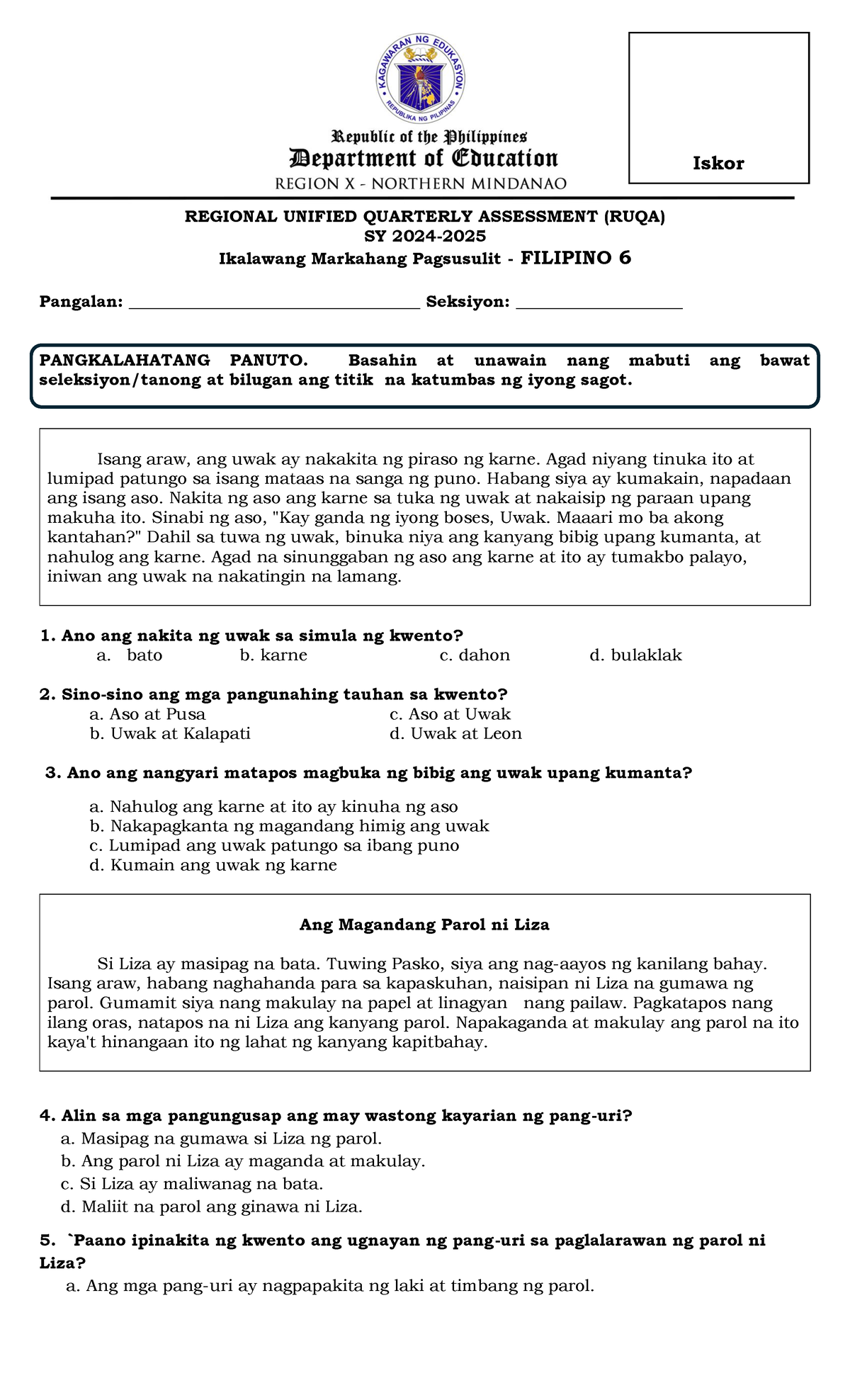 Filipino 6 Quarter 2 - REGIONAL UNIFIED QUARTERLY ASSESSMENT (RUQA) SY ...
