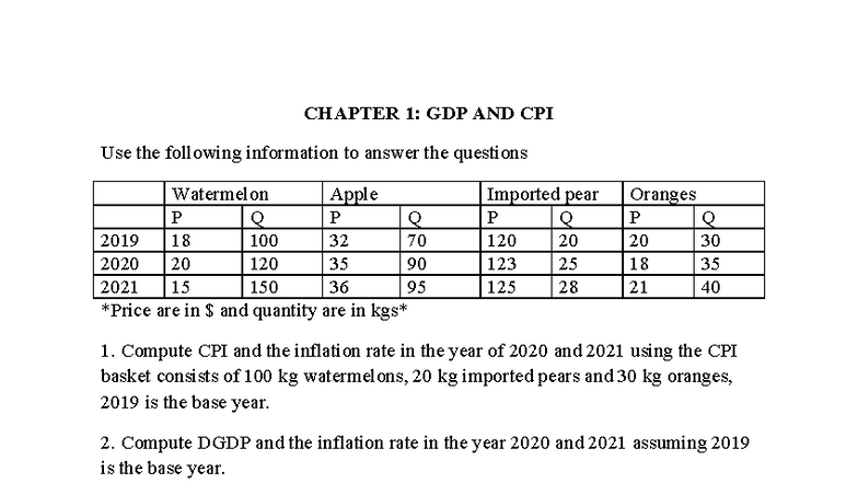 CHAPTER 2: GDP Exercise and CPI Calculation - Studocu