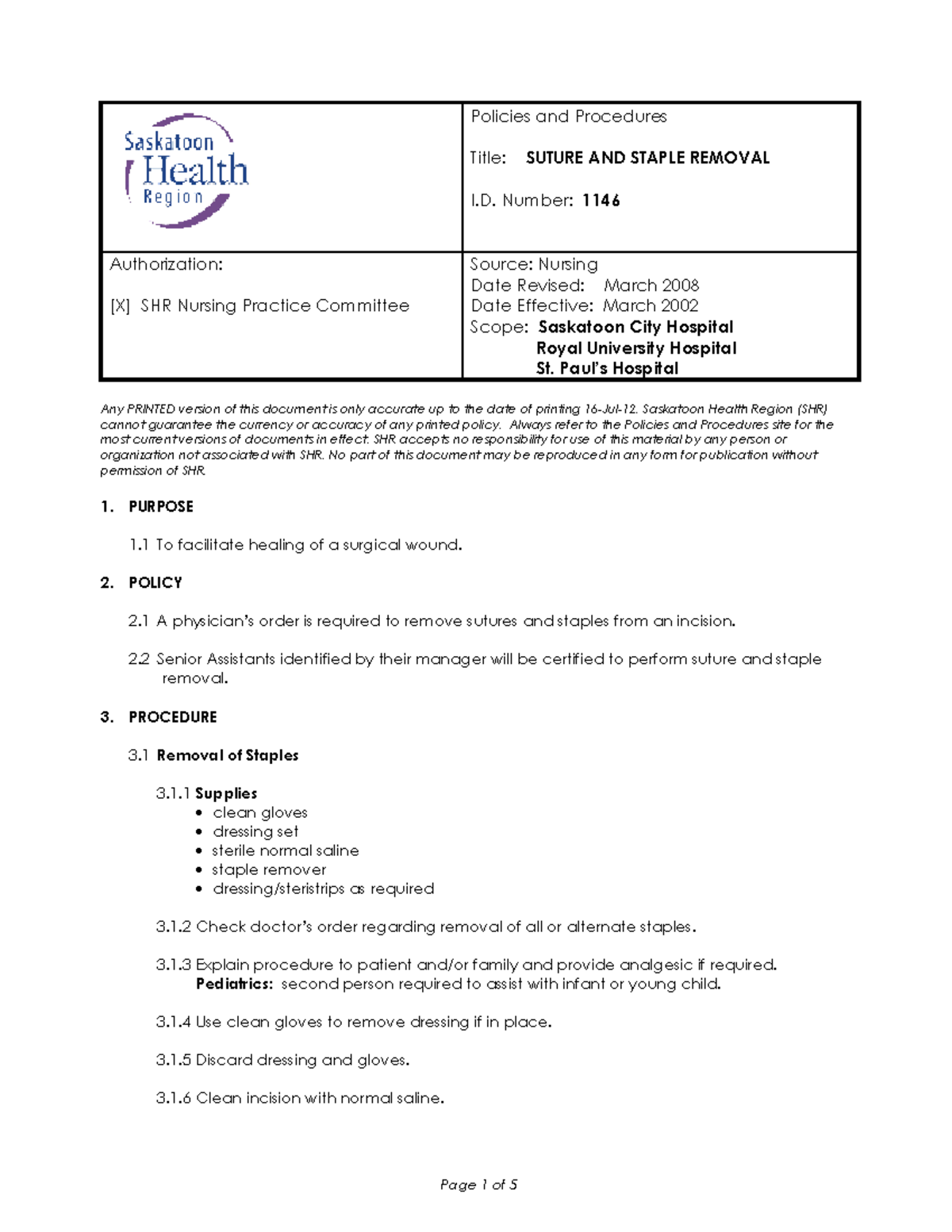 Suture and Staple Removal Procedures - Policy 1146 - Studocu