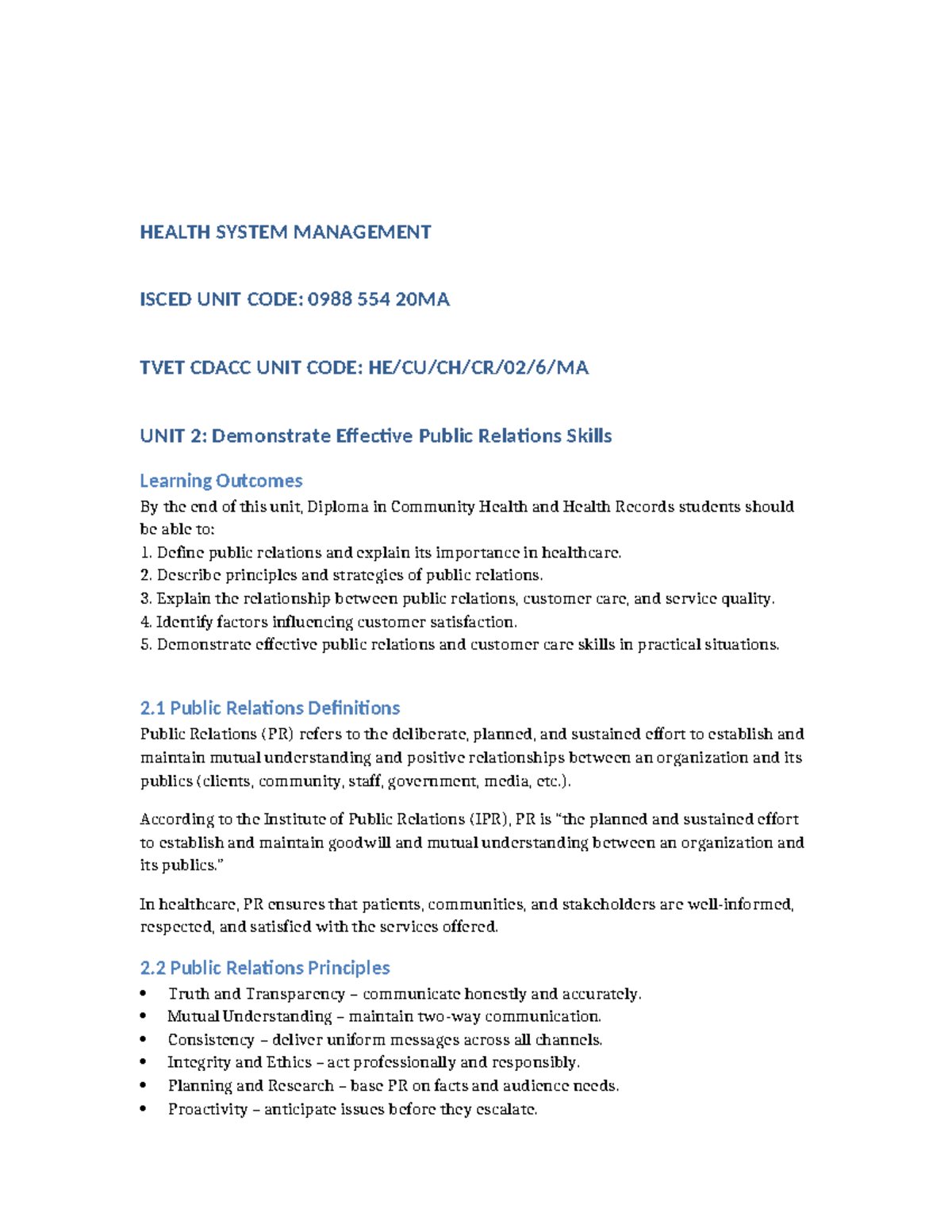 Health Systems Management Notes: Effective PR Skills in Healthcare ...